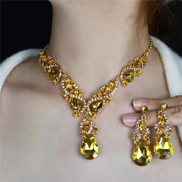 Jewelry | Gold Necklace Earrings Set Crystal Rhinestone Wedding Bridal ...